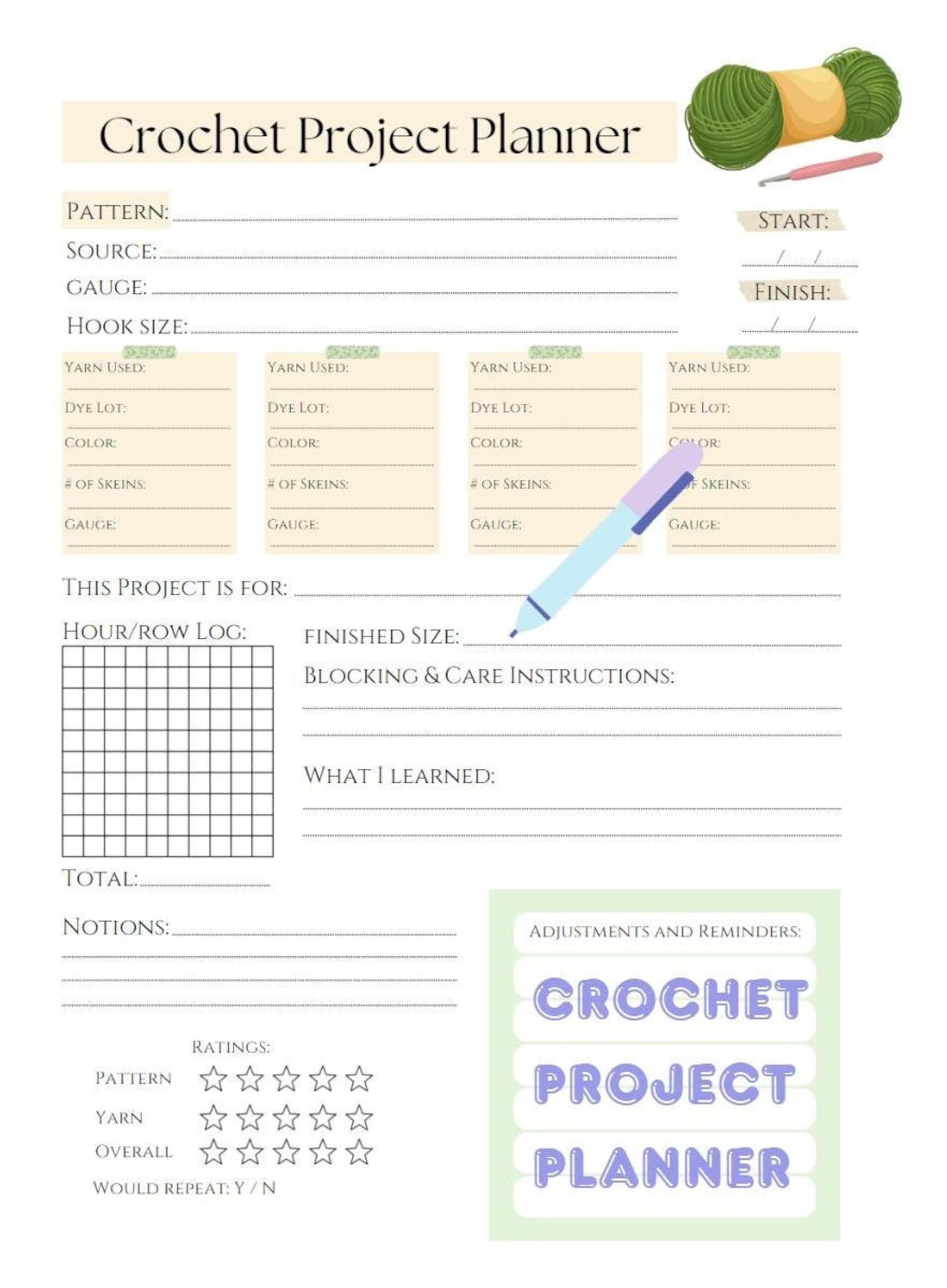 Crochet Project Planner - Printable Digital PDF Download - Etsy