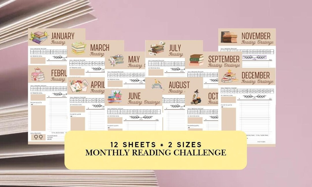 Monthly Reading Challenge Printable PDF Sheets 2 Sizes 8.5x11 5x7 ...