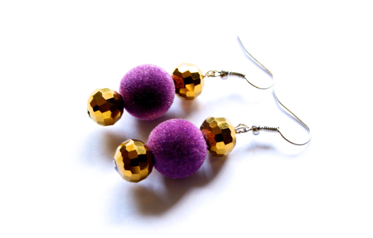 Fuzzy Purple and Faceted Gold Beaded Earrings - Etsy