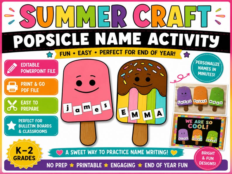Summer Popsicle Name Craft | Printable Summer Activity | End of Year ...