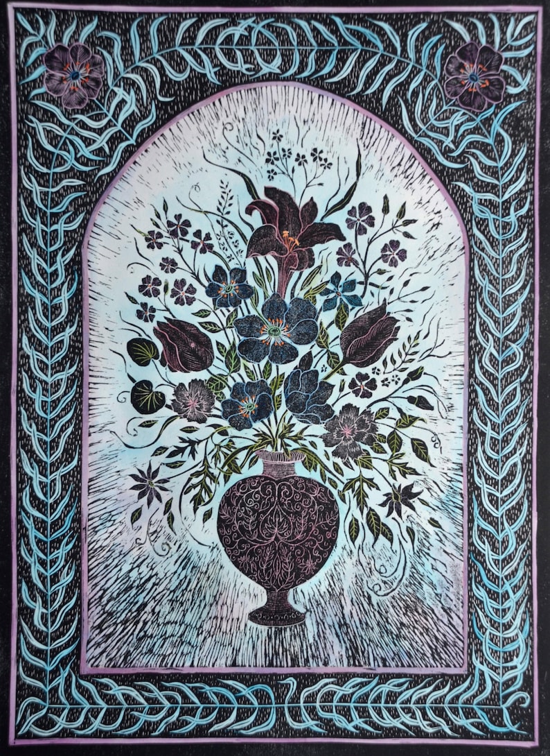 Large Hand Coloured Limited Edition Woodcut Flowers | Etsy