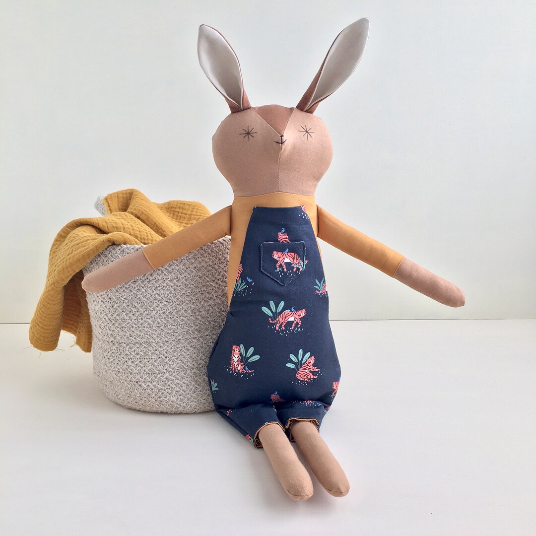 Big Rabbit Rag Doll in Navy Tiger Dungarees Fabric Doll, Unisex Toy ...