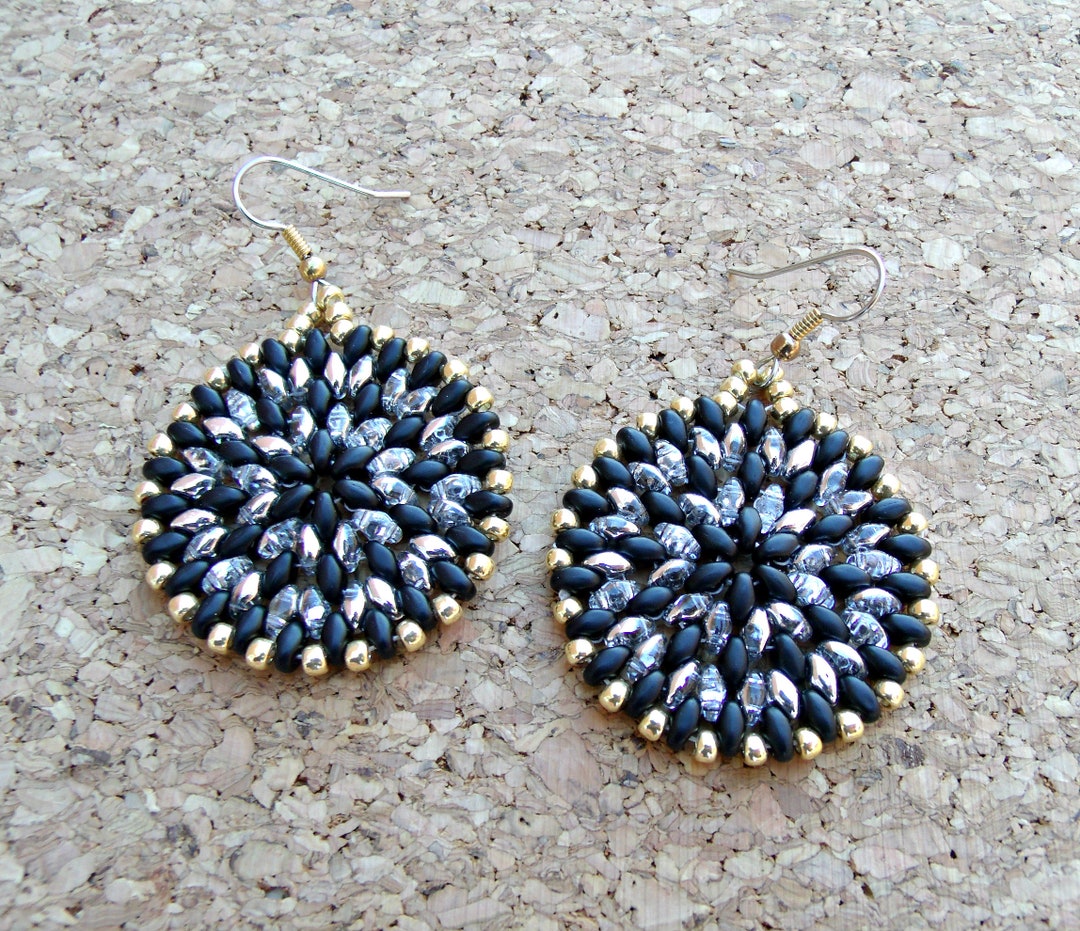 Jet Black and Labrador Super Duo Woven Disc Earrings,toho Seed Bead ...