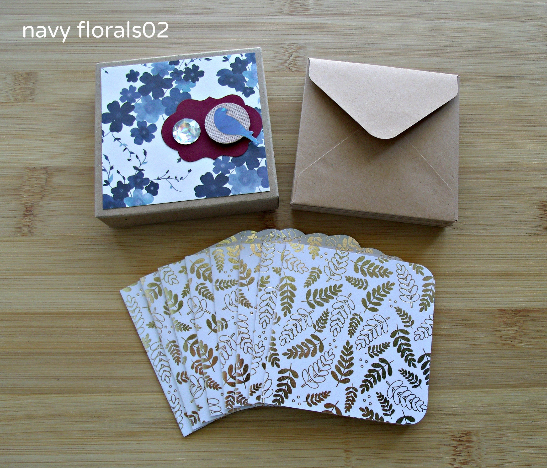 Navy Florals:set of 8 All Purpose Note Cards,3x3 Mini Boxed Cards With ...