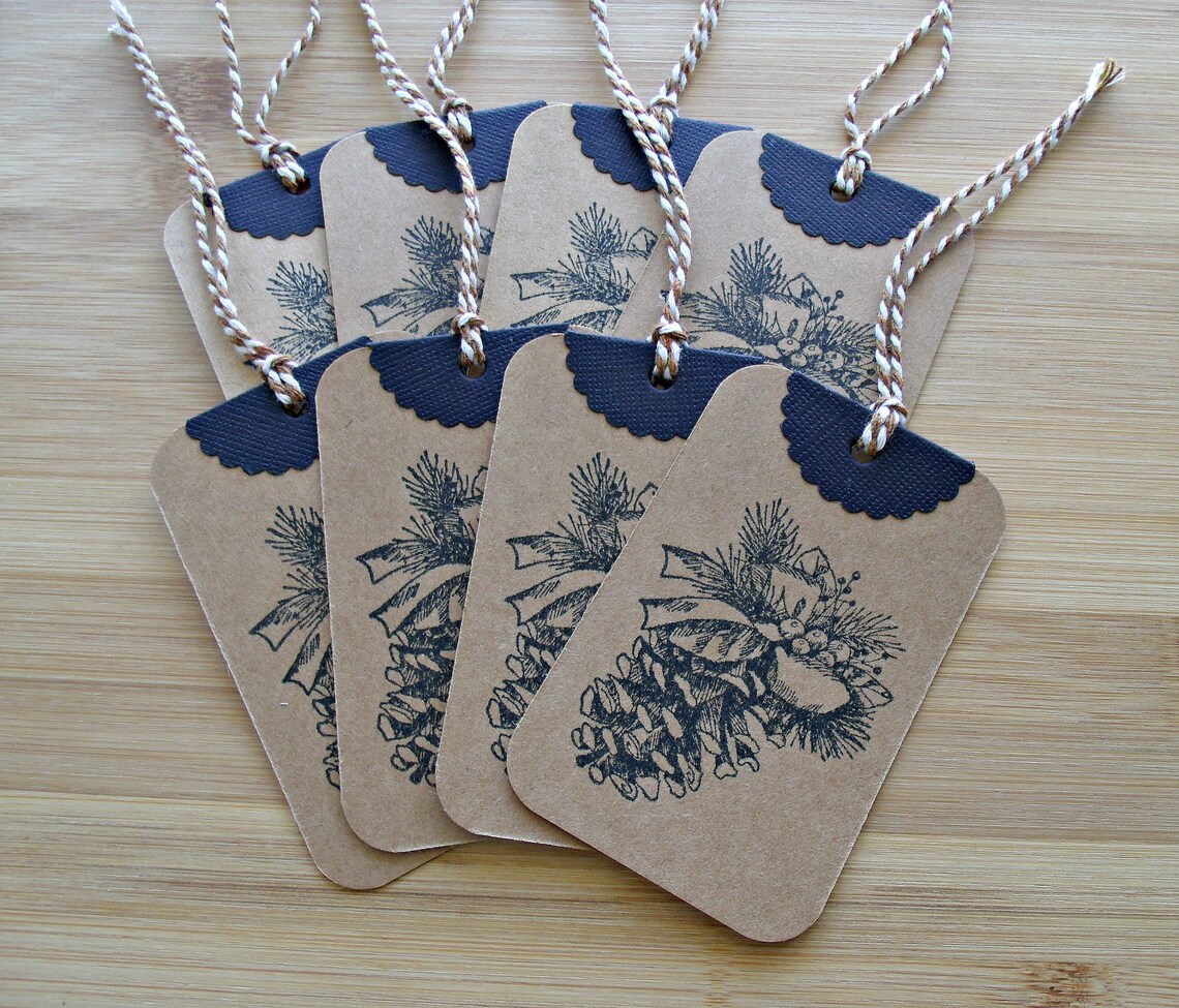 Festive Pine Cone Gift Tags,set of 8,seasonal Stamped Tags,christmas ...