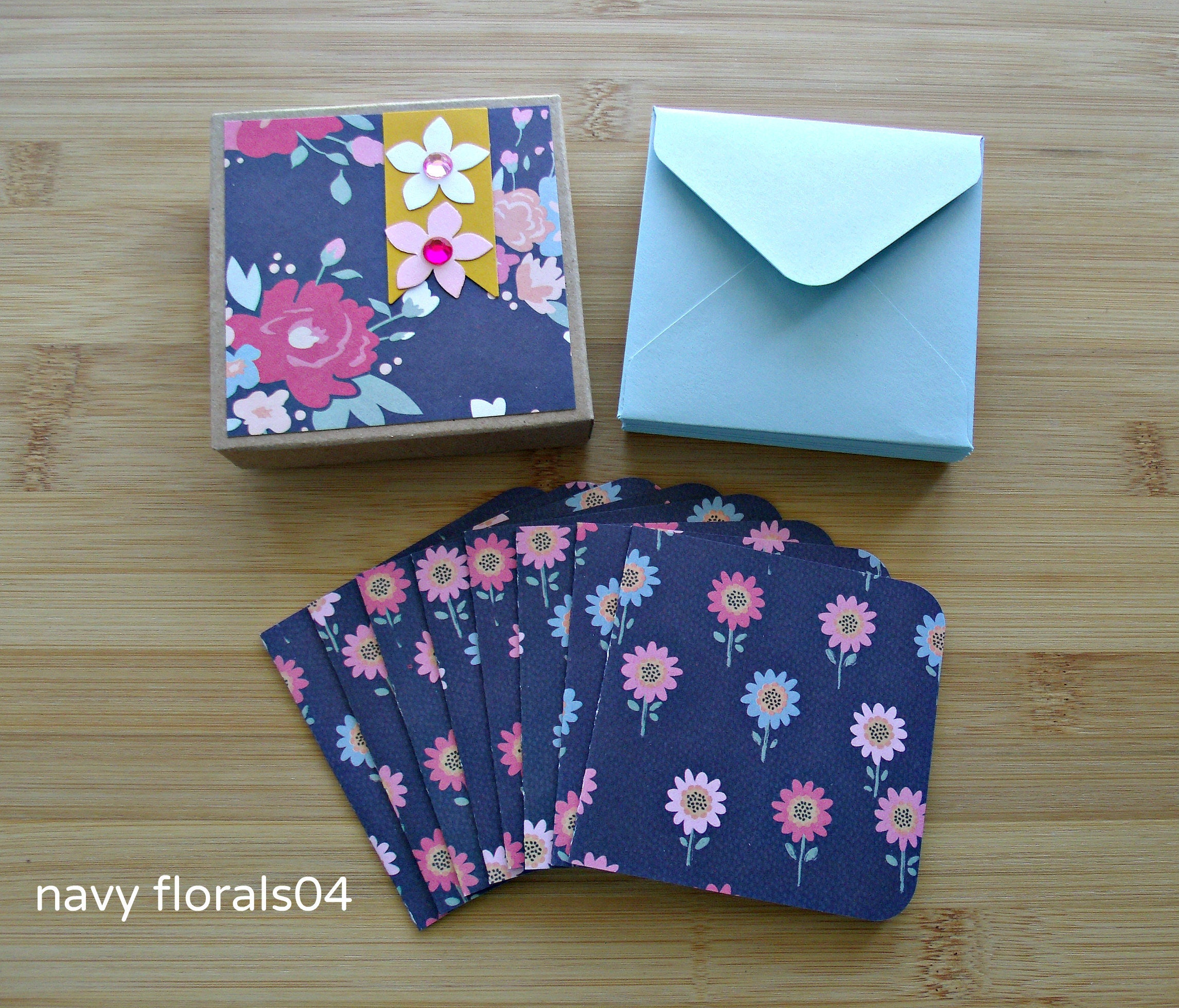 Navy Florals:set of 8 All Purpose Note Cards,3x3 Mini Boxed Cards With ...