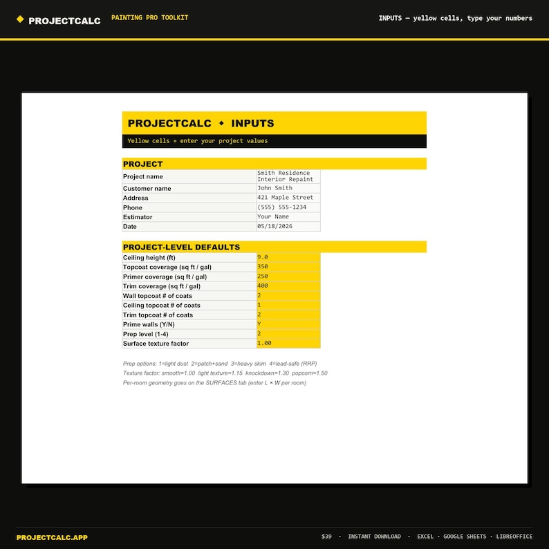 Painting Estimate Spreadsheet | Excel Paint Coverage, Labor Hours ...