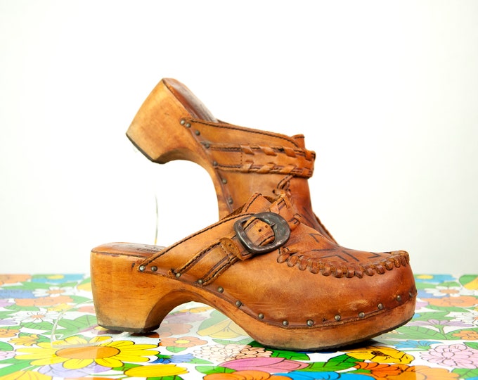 Vintage 1970s Wooden Platform Clogs, Brown Leather Slip-on Shoes, Boho ...