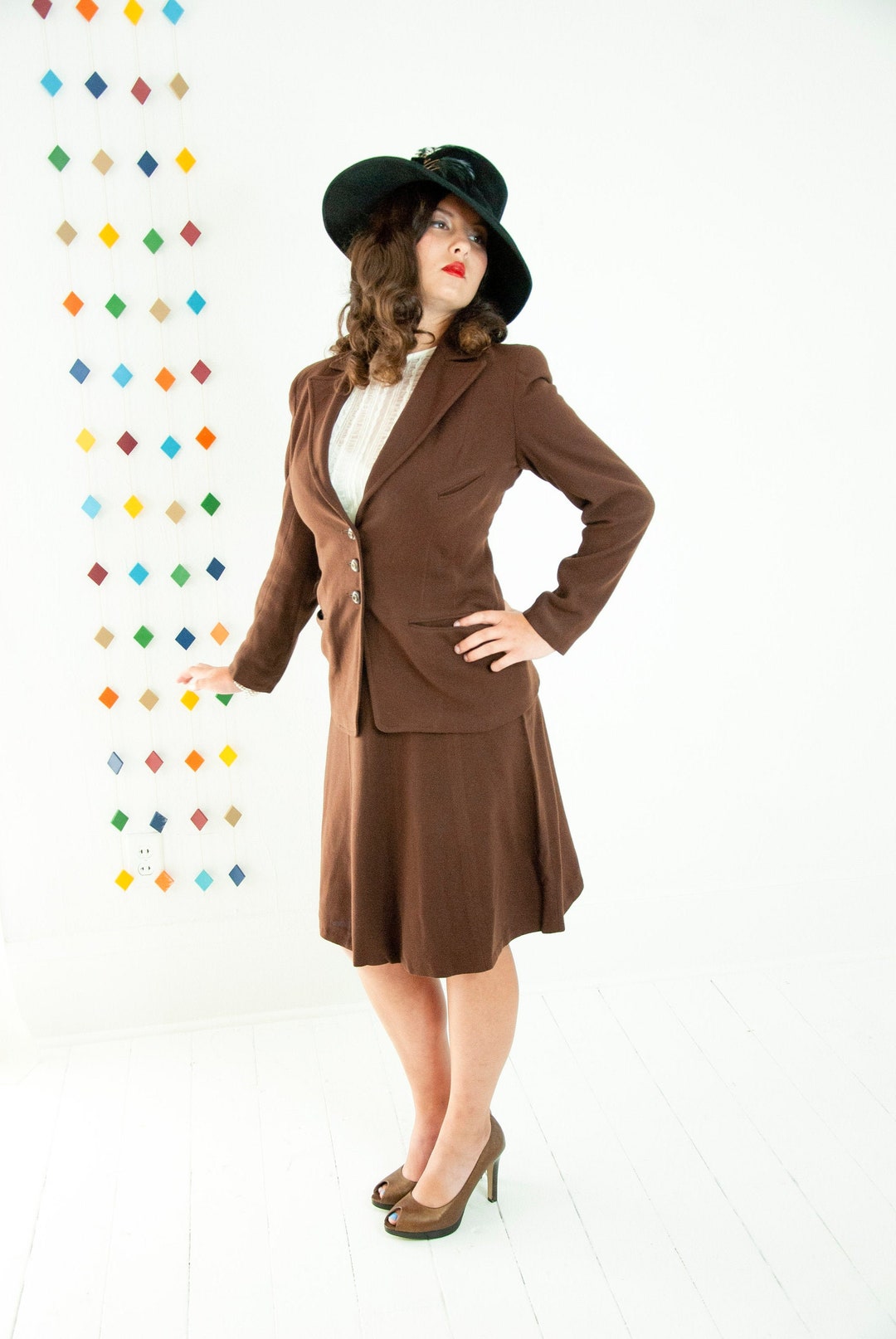 Traje marrón vintage de la década de 1940 falda blazer de - Etsy España