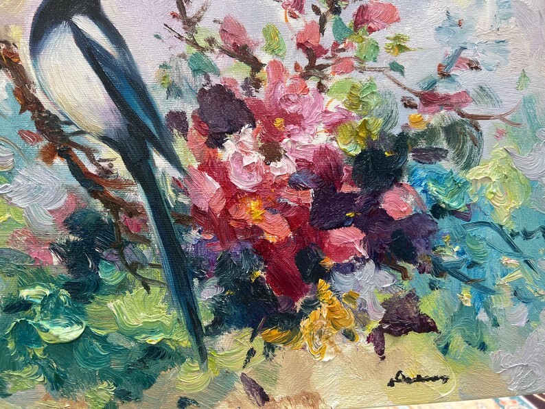 Impressionist Magpie Birds Oil Painting, Floral Spring Branch Canvas ...