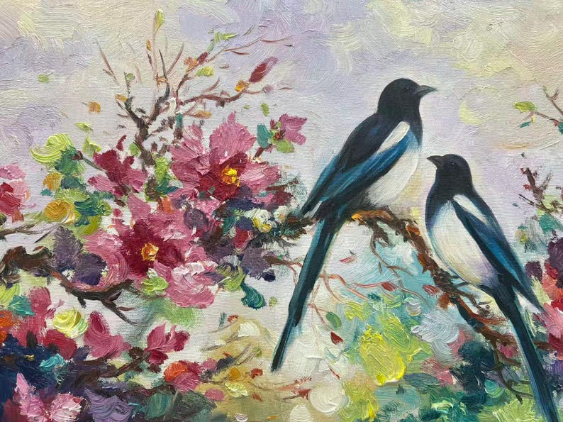 Impressionist Magpie Birds Oil Painting, Floral Spring Branch Canvas ...