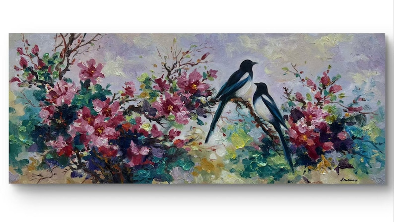 Impressionist Magpie Birds Oil Painting, Floral Spring Branch Canvas ...