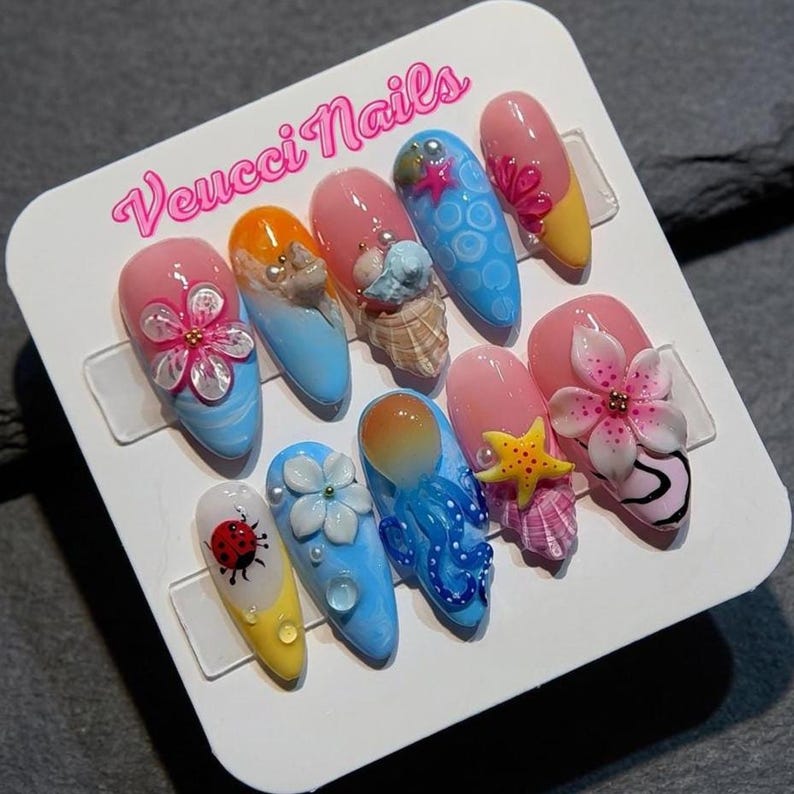 3D Sculpted Octopus Seashell Nails | Mermaid Core Tropical Hibiscus ...