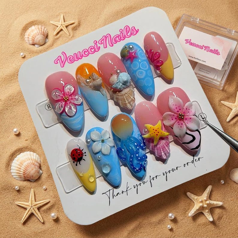 3D Sculpted Octopus Seashell Nails | Mermaid Core Tropical Hibiscus ...