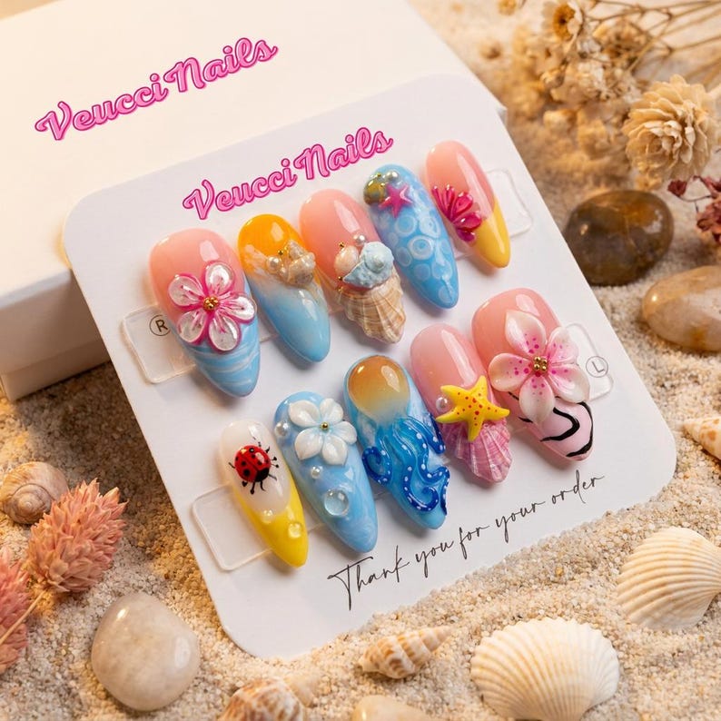 3D Sculpted Octopus Seashell Nails | Mermaid Core Tropical Hibiscus ...