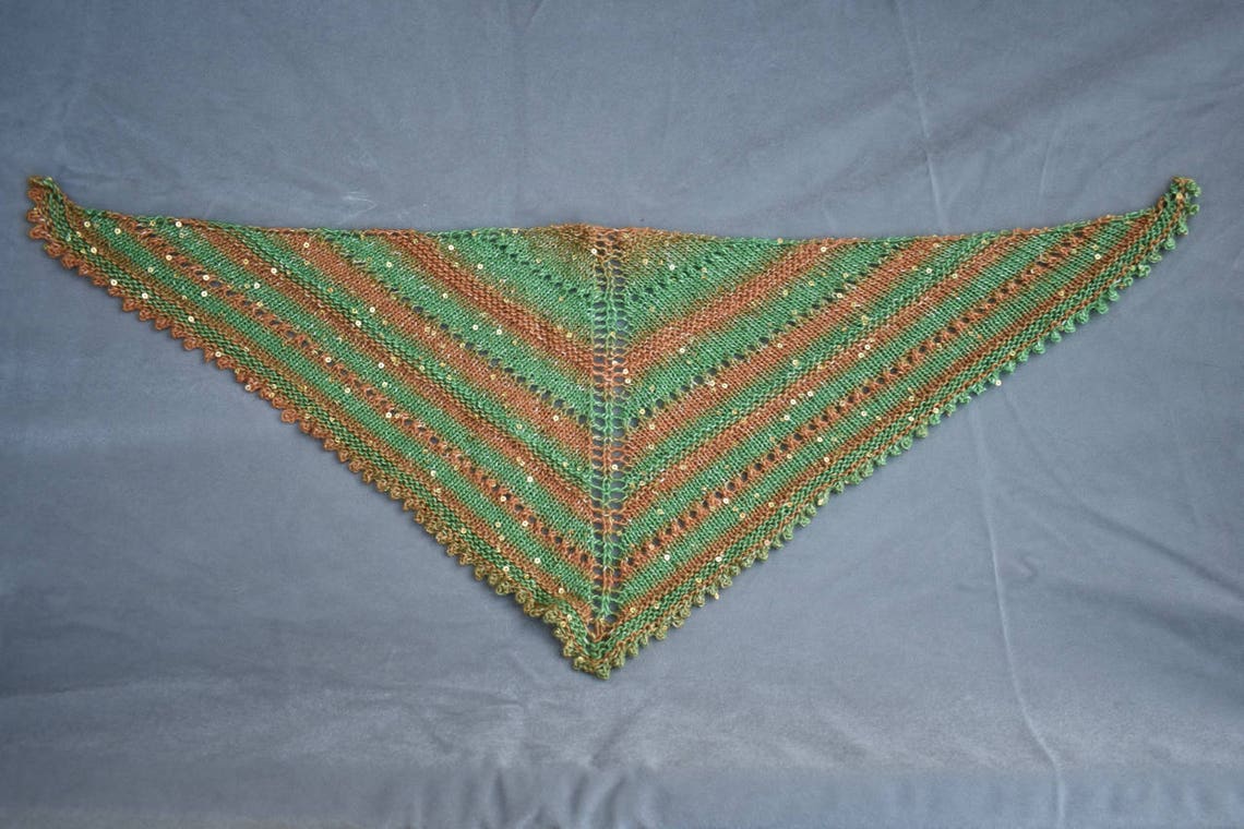 Hand Knit Green and Tan Striped Shawlette With Sequins and Mini Ruffle ...