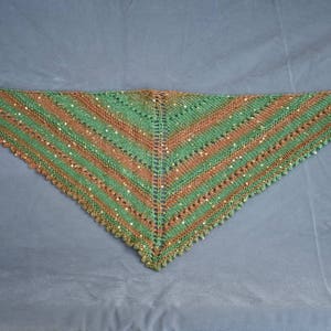 Hand Knit Green and Tan Striped Shawlette With Sequins and Mini Ruffle ...