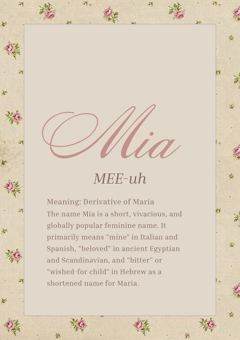 Mia Name Meaning Print | Personalised Girl Name Wall Art | Vintage ...