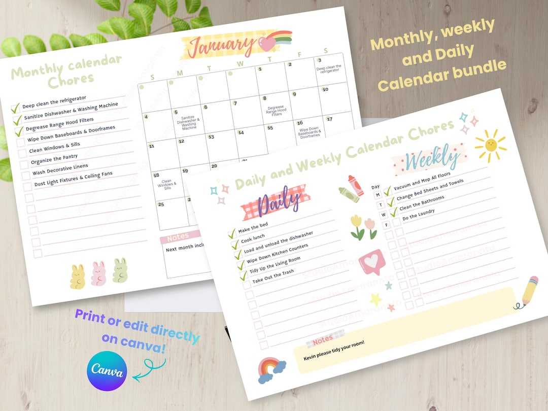 Editable Chore Chart Calendar, Monthly Weekly Daily Cleaning Schedule ...