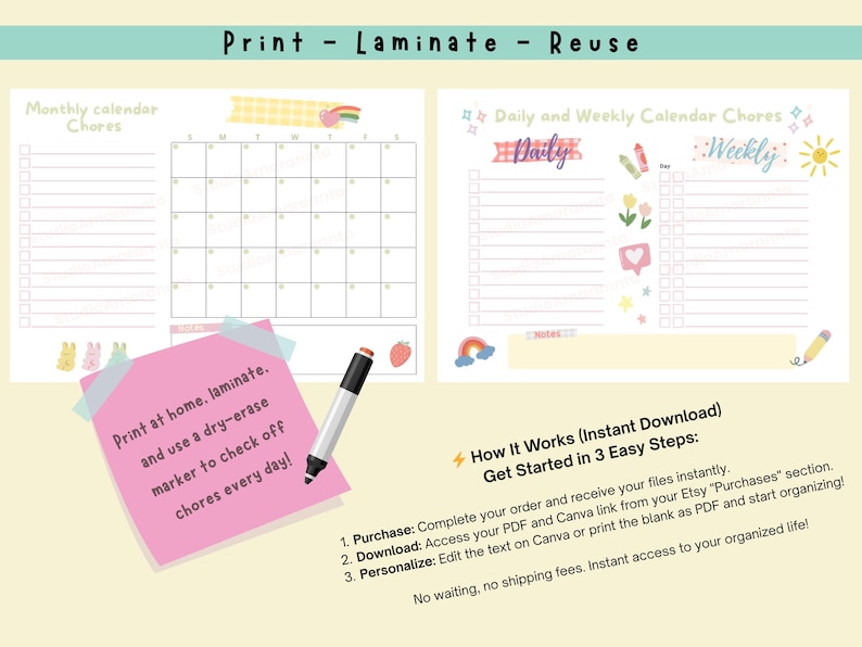 Editable Chore Chart Calendar, Monthly Weekly Daily Cleaning Schedule ...