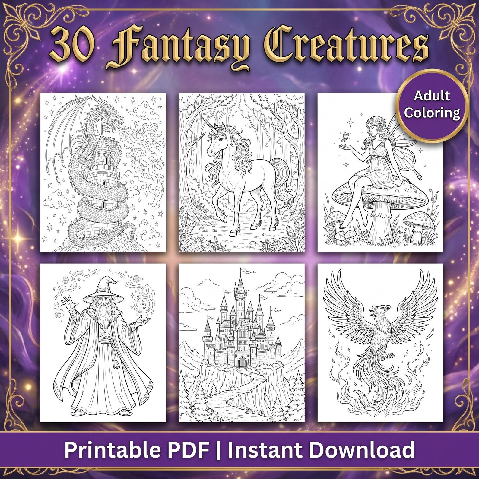 Fantasy Coloring Book — 30 Printable Pages for Adults — Dragons Fairies ...