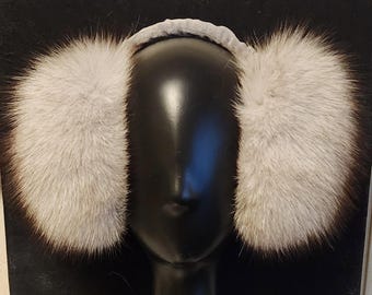 Real Black Fox Fur Earmuffs With Leather Bezel in Black Color, Fox Fur ...