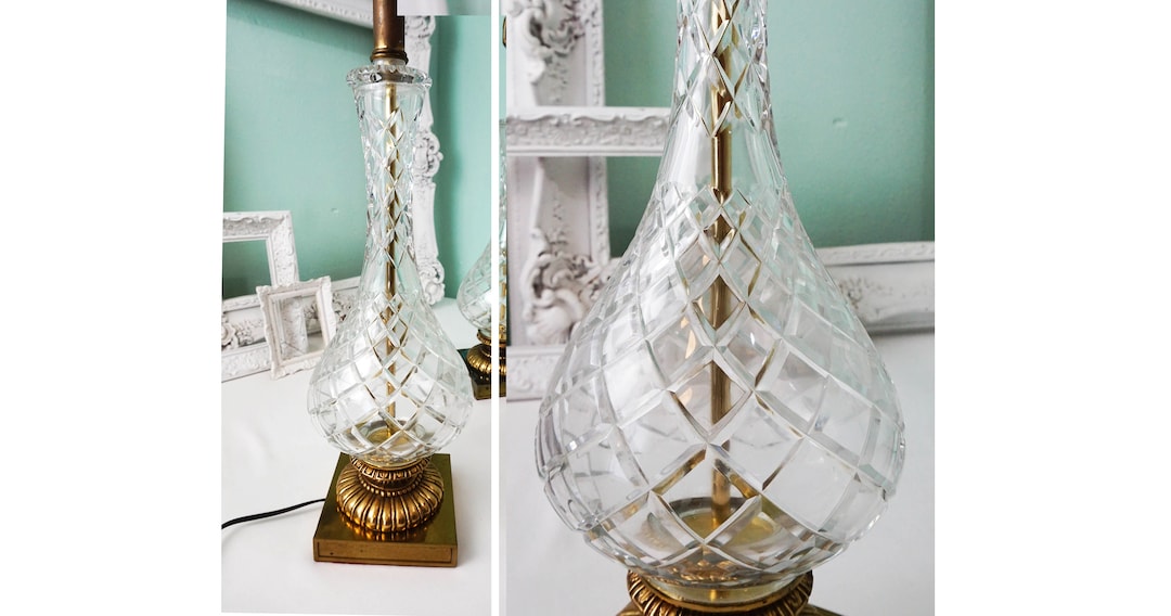ONE Elegant Crystal Cut Glass Table Lamp / Vintage Jeannie Bottle Shape ...