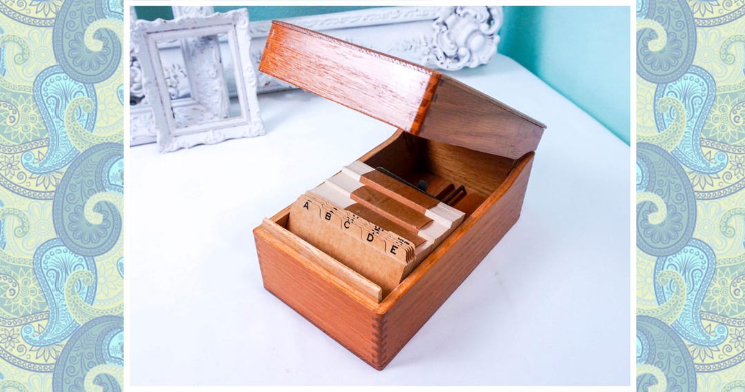 Deep Wood Recipe Card File Box With Dividers / Light Oak Vintage ...