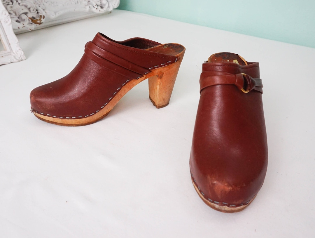 Mia Clogs Size 6 With 3" Wood Heel / Caramel Brown Leather Made in ...