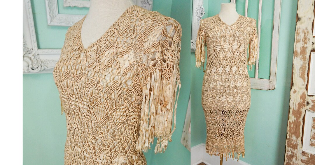 Woven Ribbon Sheer Cocktail Dress / Sexy Fringed Lace Fishnet Vintage ...