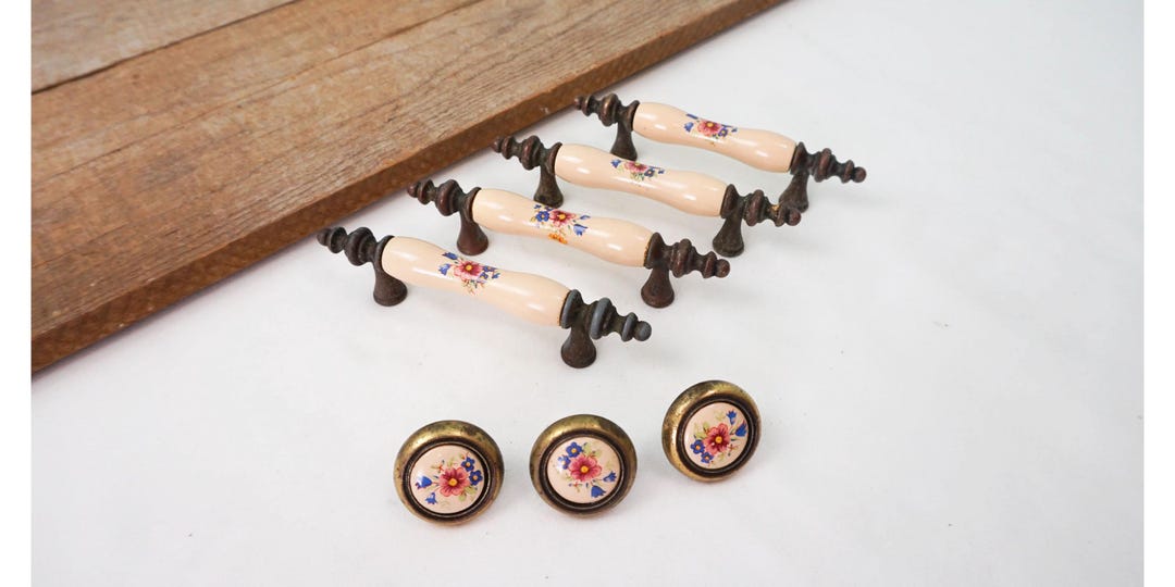 Beige Ceramic and Floral Cabinet Handles and Matching Knobs / Dark Metal With Porcelain Center ...