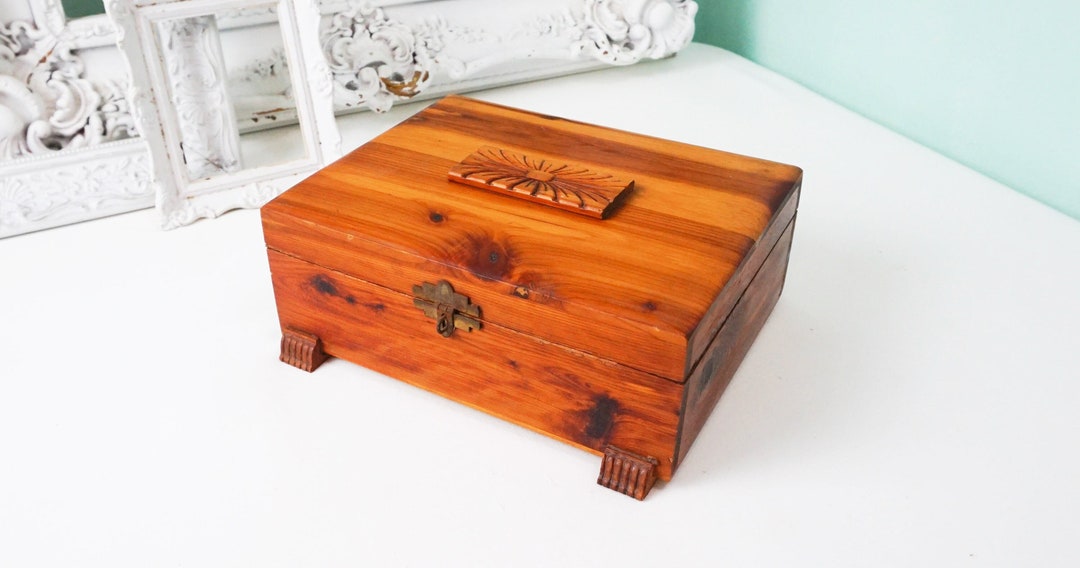 Antique Red Cedar Box With Hinged Lid / Art Deco Relief Floral Jewelry ...