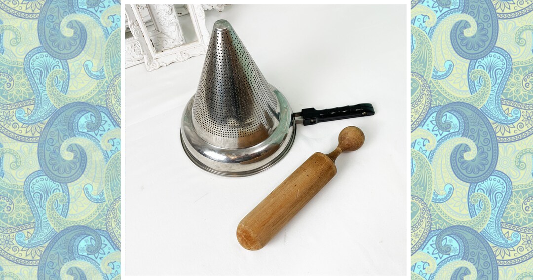 Stainless 8 Canning Sieve and Wooden Pestle / Vintage Strainer Set ...