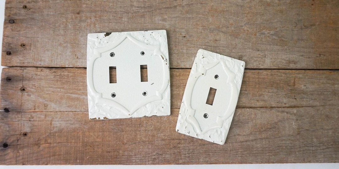 Ornate Relief Metal Switch Plate Cover With White Chippy Paint ...