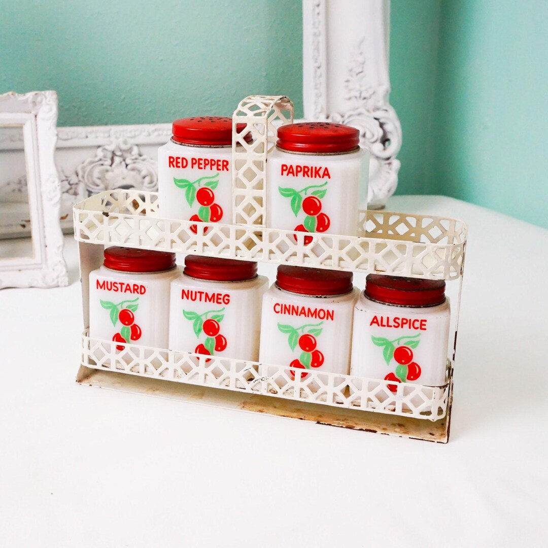 Tipp City Milk Glass Spice Jar Set in Tilting Metal Rack / Red Cherry ...