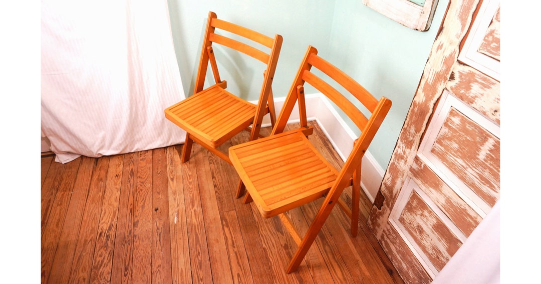 Pair of TWO Folding Wooden Chairs / Vintage Small Space Furniture ...