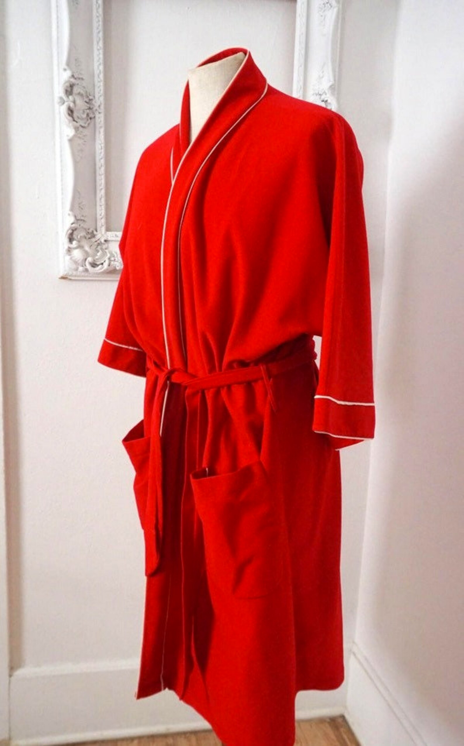 Bright Red Velour Robe With White Trim / Vintage Dressing Gown | Etsy