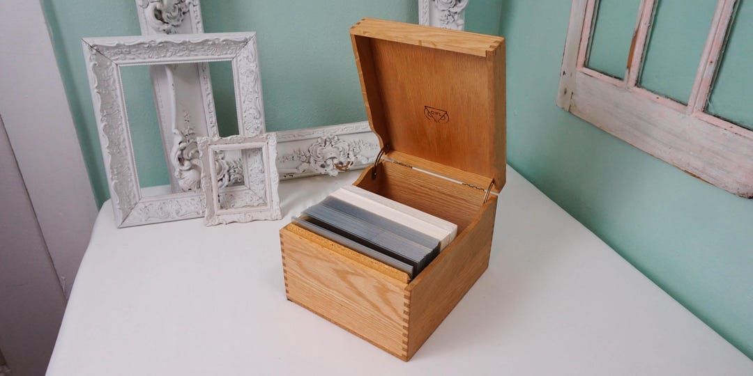 Deep Wood Recipe Card File Box With Dividers / Light Oak Vintage ...