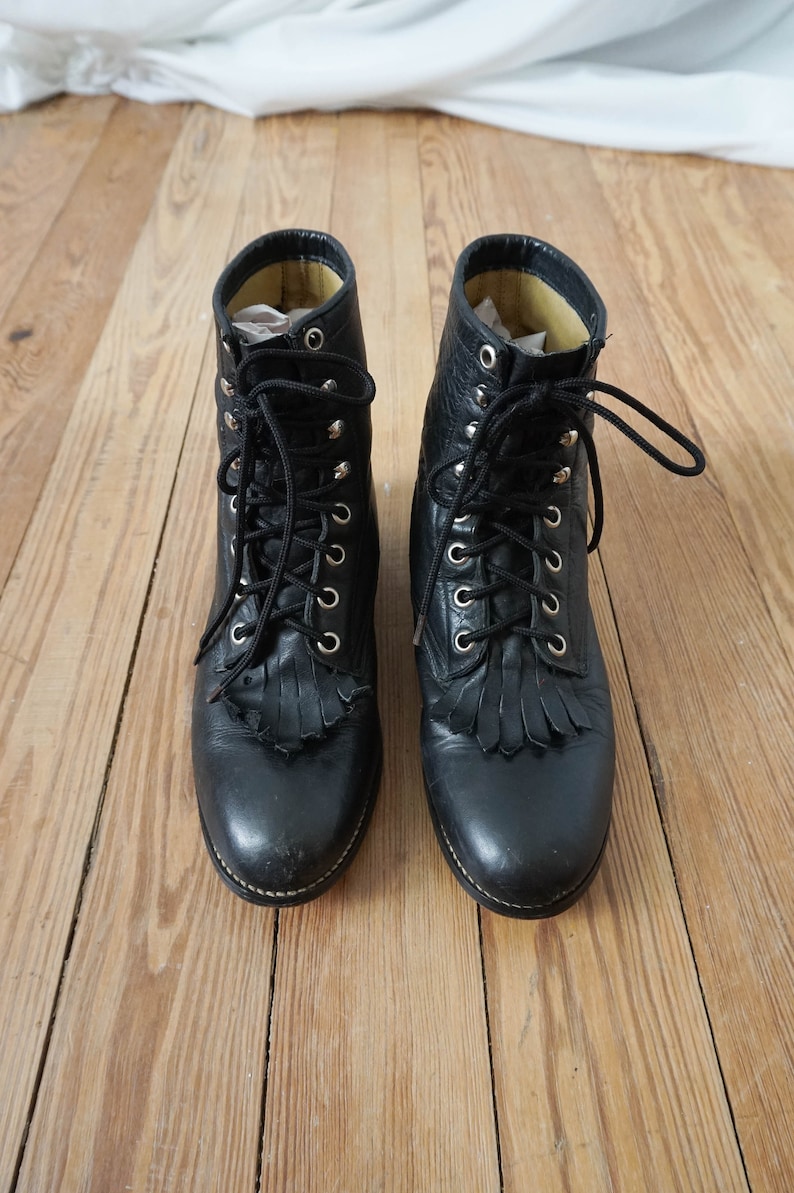 Justin Black Leather Lace up Roper Boots Size 4 / Western | Etsy