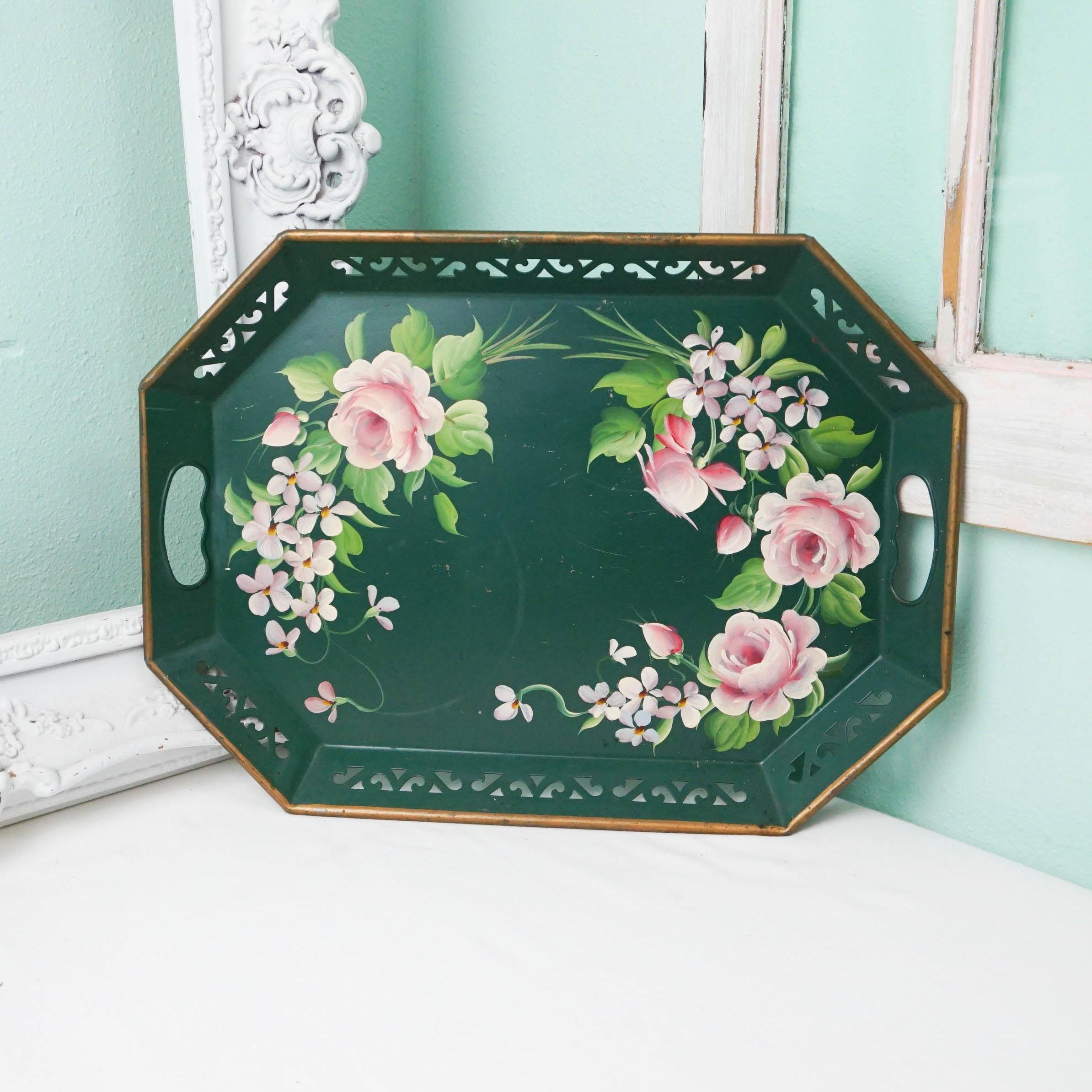 Decorative Metal Tray With Pink Roses / MCM Vintage Serving Platter ...