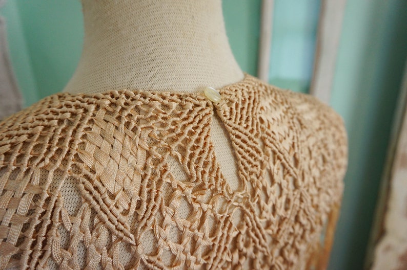 Woven Ribbon Sheer Cocktail Dress / Sexy Fringed Lace Fishnet Vintage ...