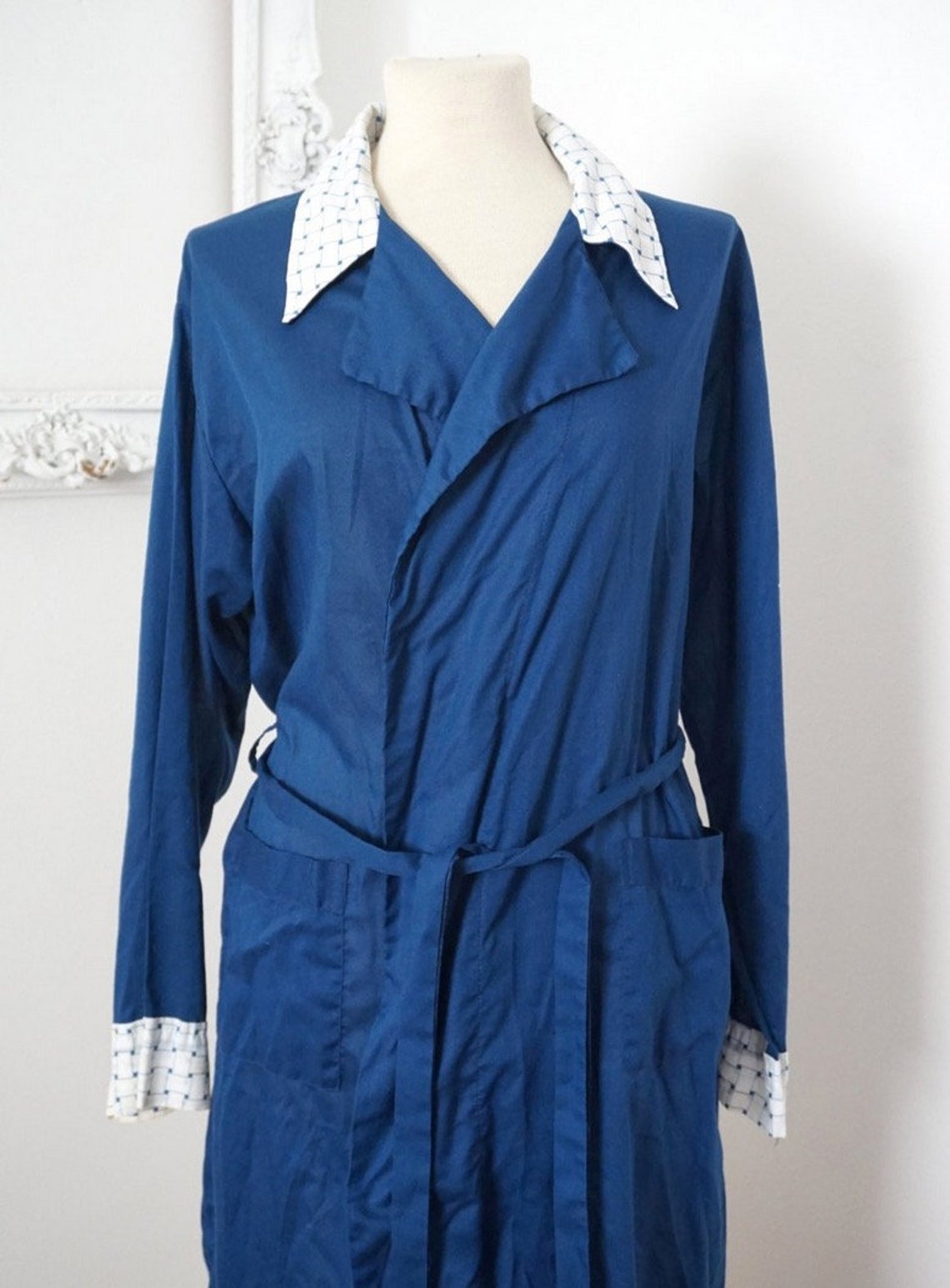 Blue Menswear Robe With White Cuffs and Collar / Vintage Bath - Etsy