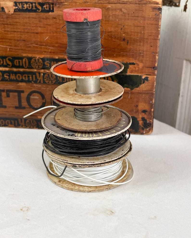 Five Partial Spools of Wire, One Empty / Vintage Craft Decor / Rustic ...