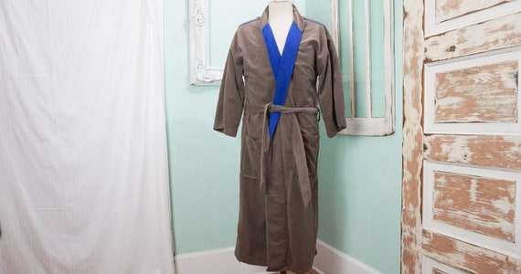 Taupe and Bright Blue Mens Velour Bath Robe / Vintage… - Gem