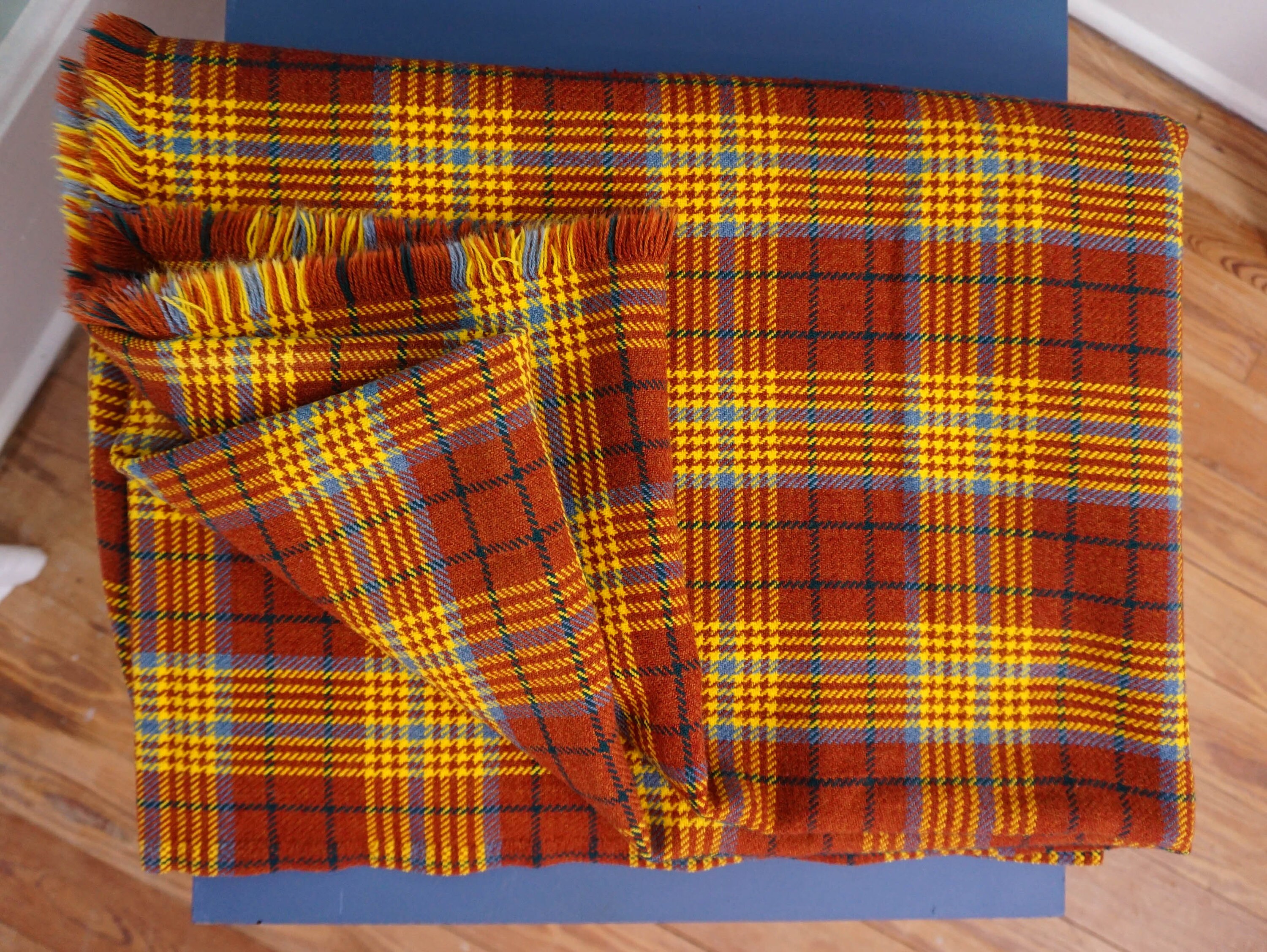 Twin Size Plaid Wool Camp Or Picnic Blanket With Fringe Vintage Throw