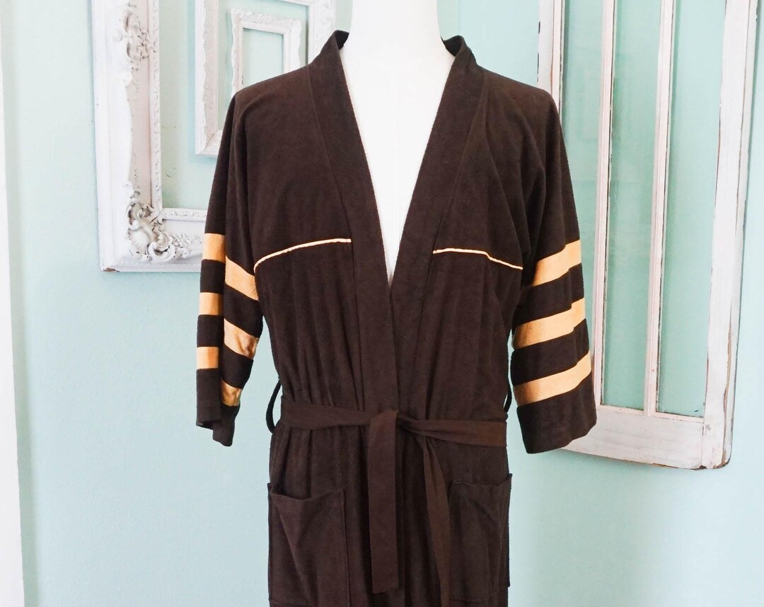 Brown and Tan Light Velour Robe / Vintage Unisex Dressing Gown / Summer ...