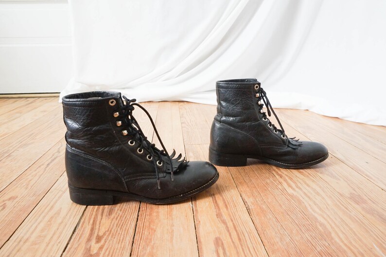 Justin Black Leather Lace up Roper Boots Size 4 / Western | Etsy