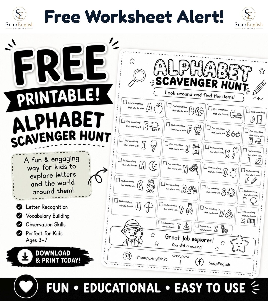 Alphabet Scavenger Hunt Printable | Phonics Activity Worksheet (digital ...