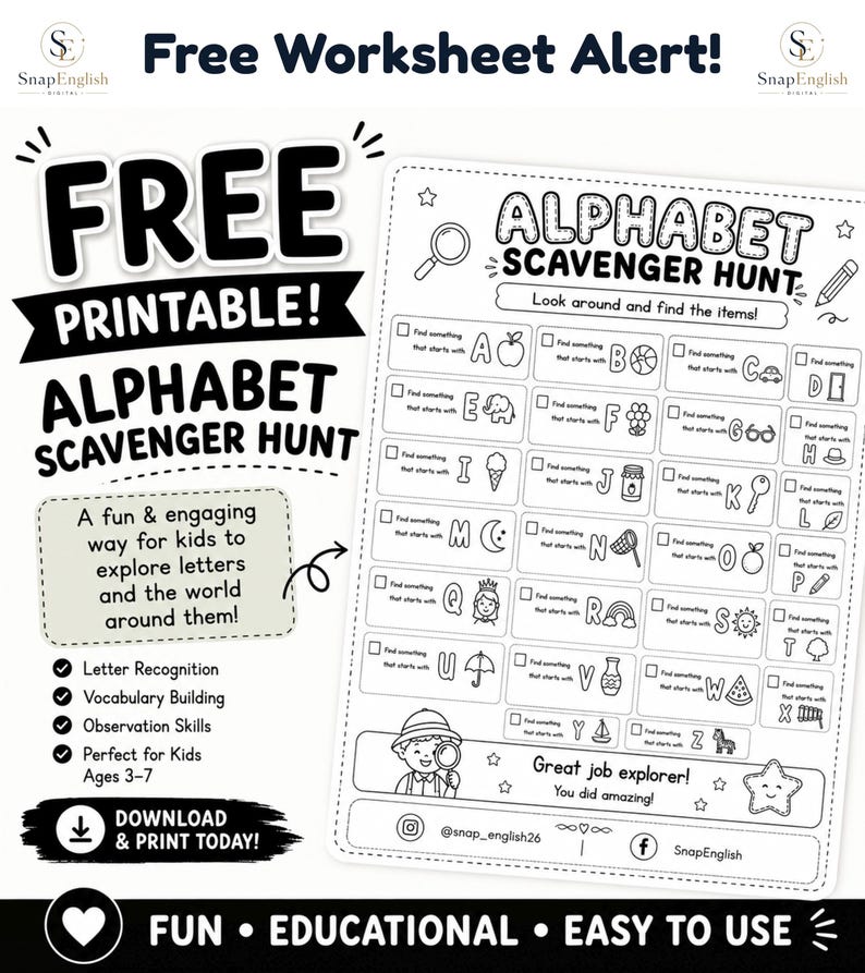 Alphabet Scavenger Hunt Printable | Phonics Activity Worksheet (digital ...