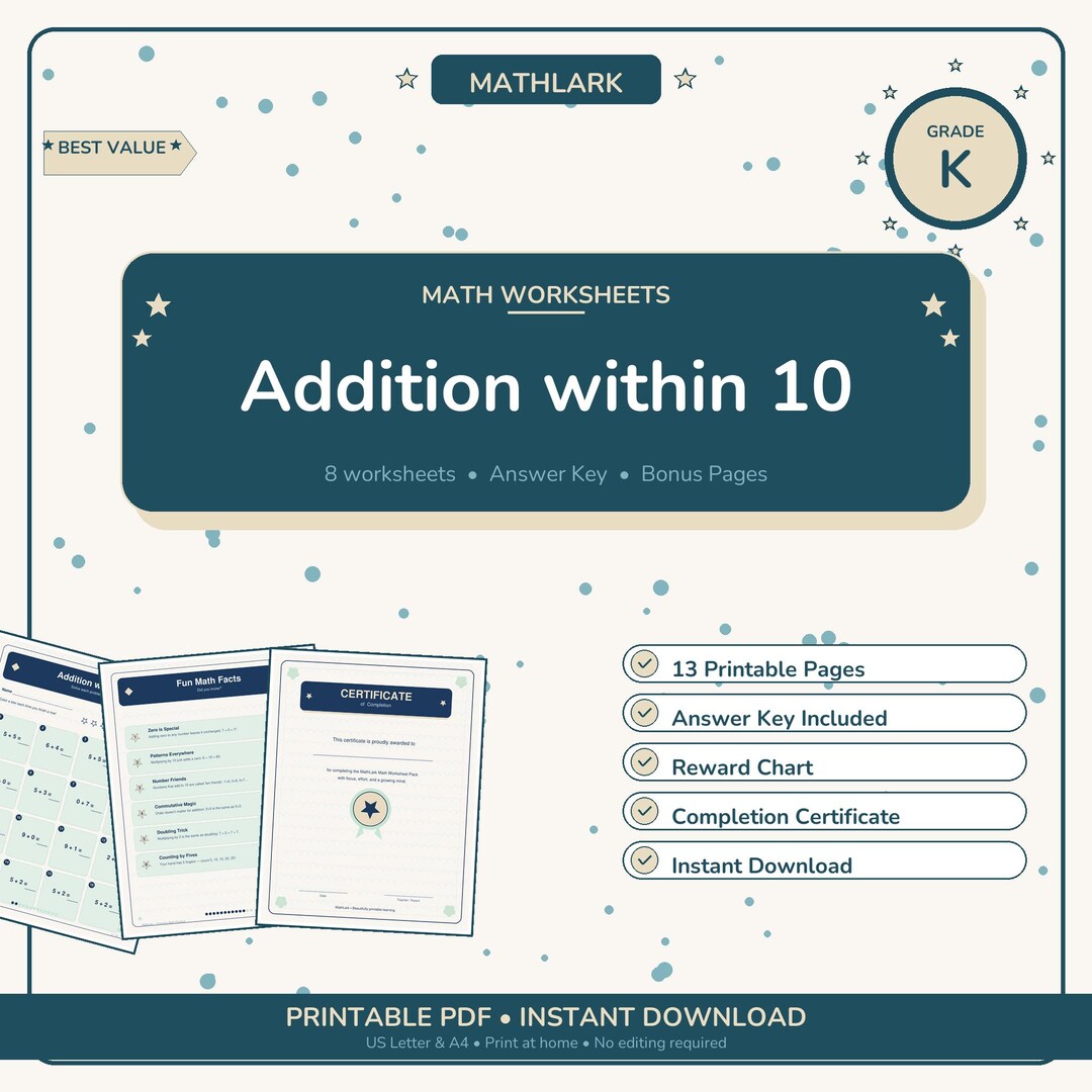 Addition Within 10 | Printable Math Workbook | Grade K PDF Download - Etsy